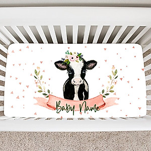 Personalized Baby Fitted Crib Sheet, Customized Cow Crib Bedding with Name, Custom Flower Farm Nursery Crib Sheets, Soft Breathable Sheet for Toddler Baby Girl 28 x 52 x 9in