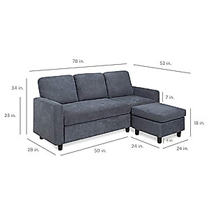 Best Choice Products Linen Sectional Sofa for Home, Apartment, Dorm, Bonus Room, Compact Spaces w/Chaise Lounge, 3-Seat, L-Shape Design, Reversible Ottoman Bench, 680lb Capacity - Blue/Gray