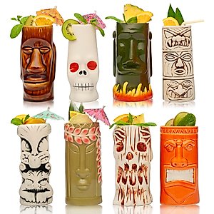 LEMONSODA Hard-Carved and Hand-Painted Tiki Mugs Assorted Cocktail Set of 8 - Ceramic Hawaiian Luau Party Mugs Drinkware, Cute Exotic Cocktail Glasses, Tiki Bar Hawaiian Party Barware - 18-23.5oz
