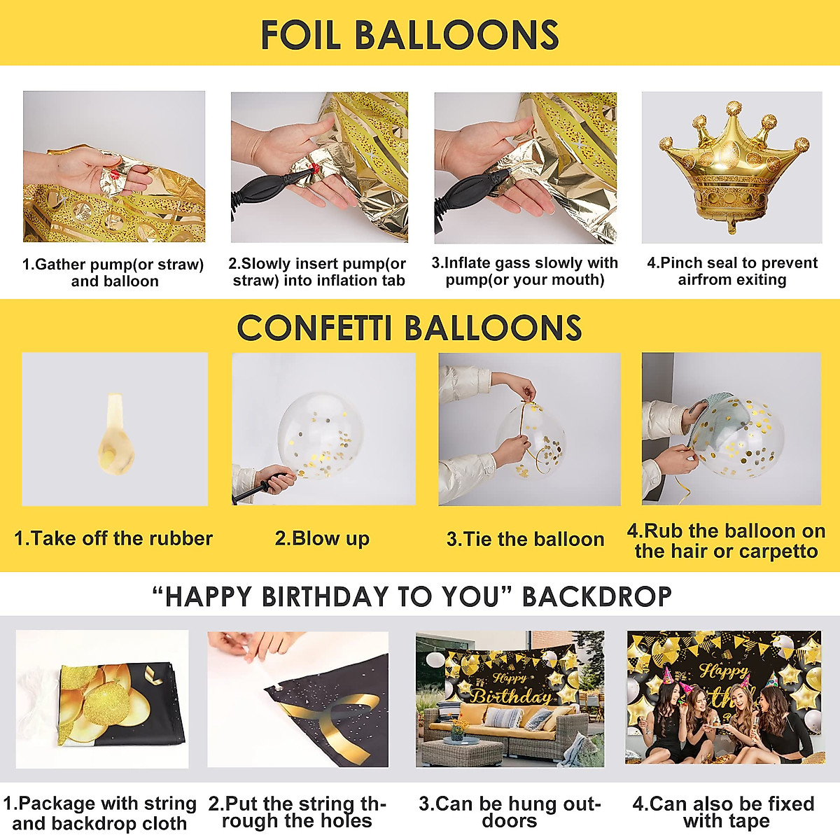 KATBUU Gold and Black Birthday Decorations - with Happy Birthday Banner, Gold and Black Balloons Arch Garland for Mens Women Girls Sweet 16th 21st 30th 40th 50th Birthday Party Decor Supplies