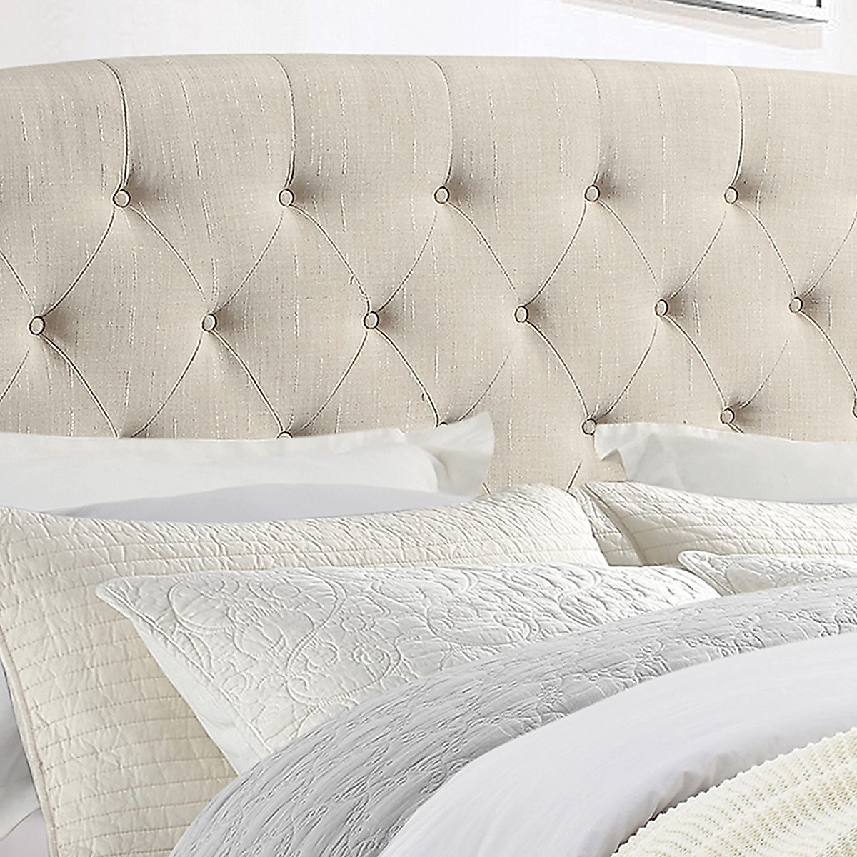 Rosevera Louis Upholstered Wingback Headboard with Double Nailhead Trimming and Button Tufting for Bedroom, Queen, Linen Beige