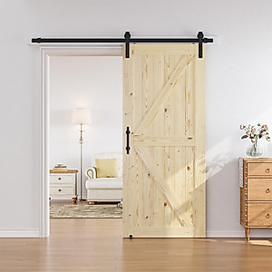 SmartStandard 36in x 84in Sliding Barn Wood Door Pre-Drilled Ready to Assemble, DIY Unfinished Solid Spruce Wood Panelled Slab, Interior Single Door Only, Natural, K-Frame (Fit 6FT-6.6FT Rail)