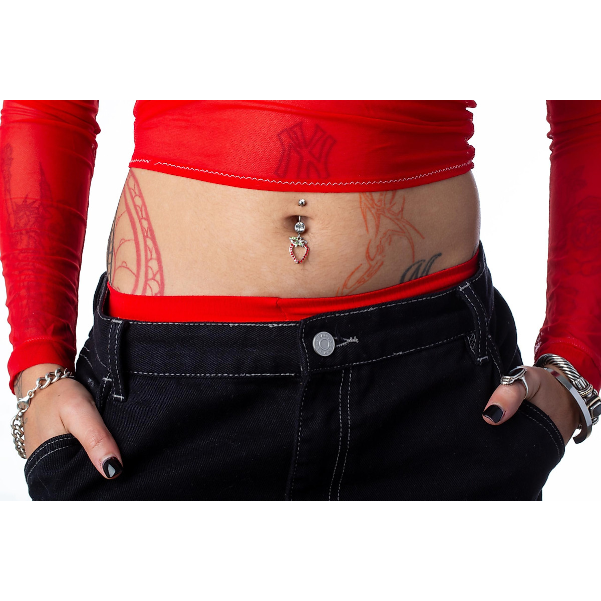 Pierced Owl 14GA CZ Crystal Dangling Red Strawberry Outline Belly Button Ring