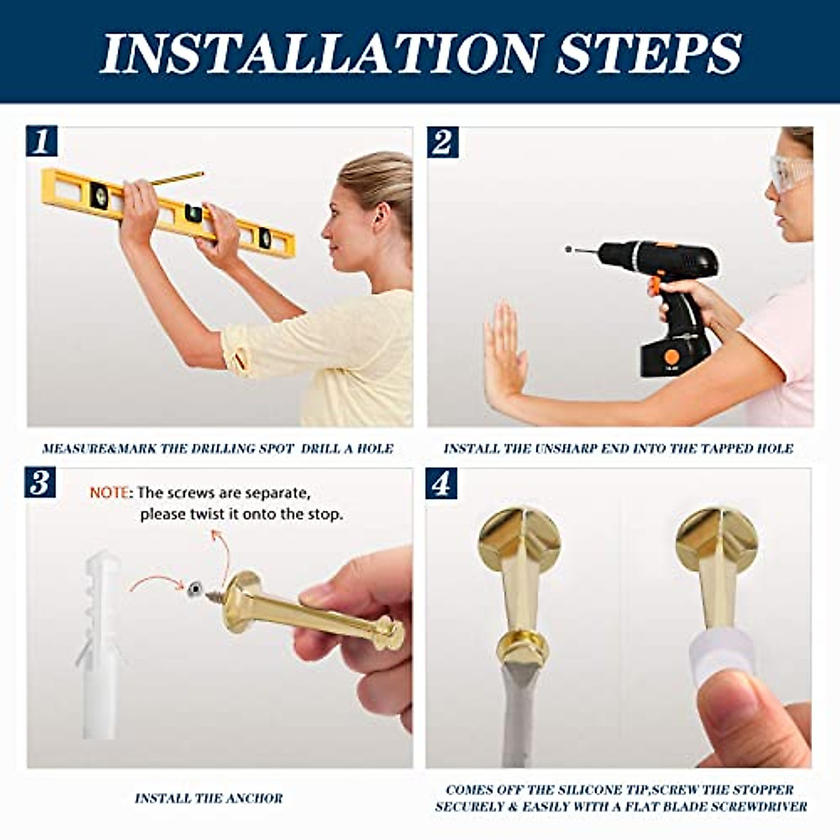 3 Inch Heavy Duty Solid Rigid Metal Gold Door Stop with Soft Rubber Tip, Protect Wall & Door,10 Pack