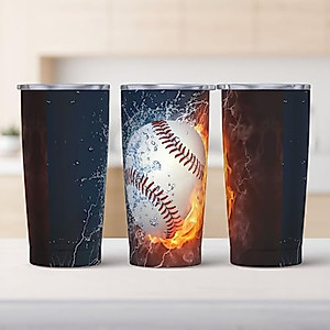 IYERSKD 3D Print Baseball White Ball in Fire and Water 20 oz Stainless Steel Tumbler Vacuum Insulated Leakproof Travel Mug for Car Office Gym