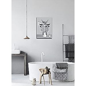 Yaoliyu Bathroom Decor Highland Cow Wall Art,Cow Reading Newspaper on Toilet Canvas Prints Black and White Cow Picture Funny Farmhouse Wall Decor Stretched and Framed Ready to Hang 12x16inch
