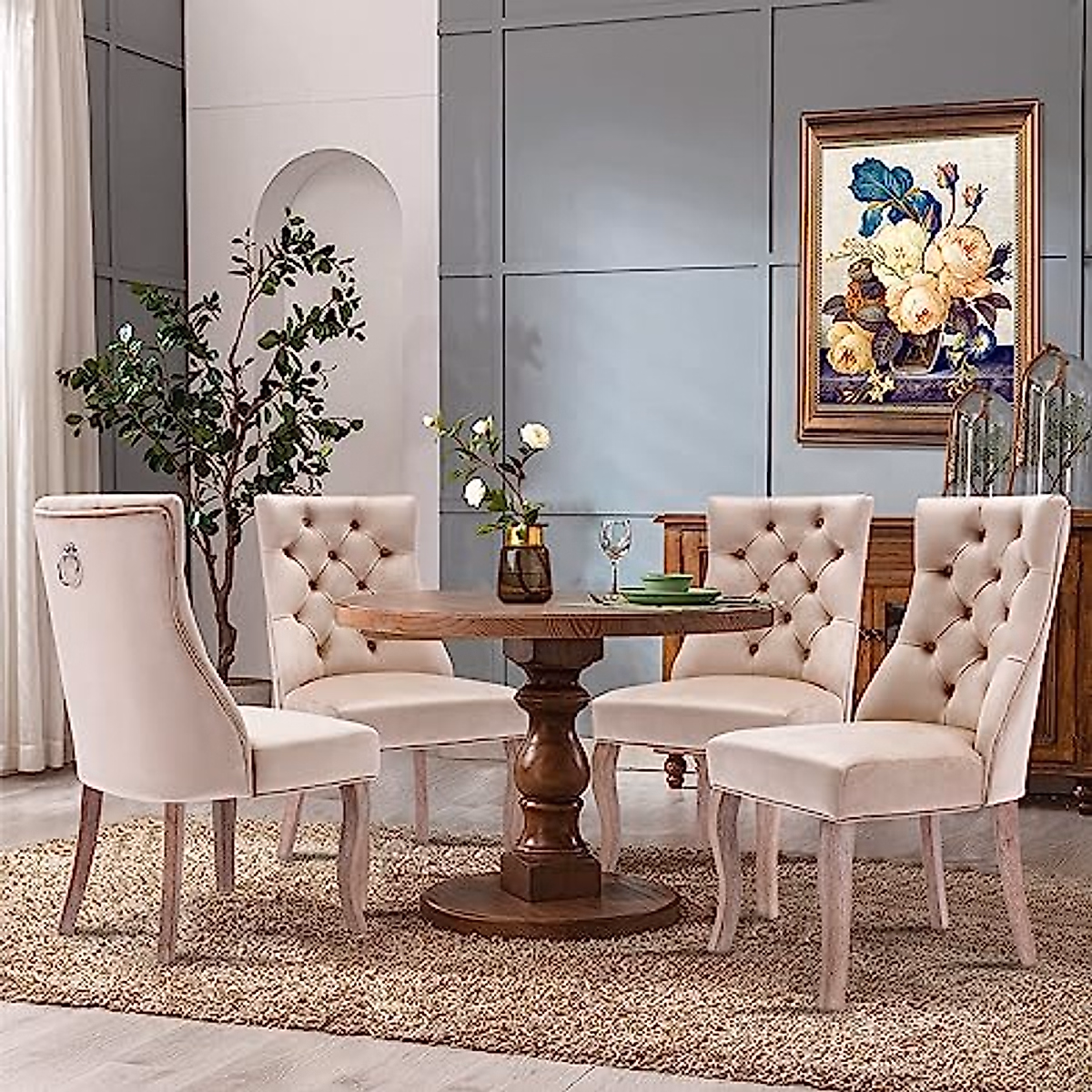 FOREDO Velvet Dining Chairs Set of 2, Upholstered Tufted Dining Chairs with Back Ring Pull Trim and Solid Wood Legs, Tan