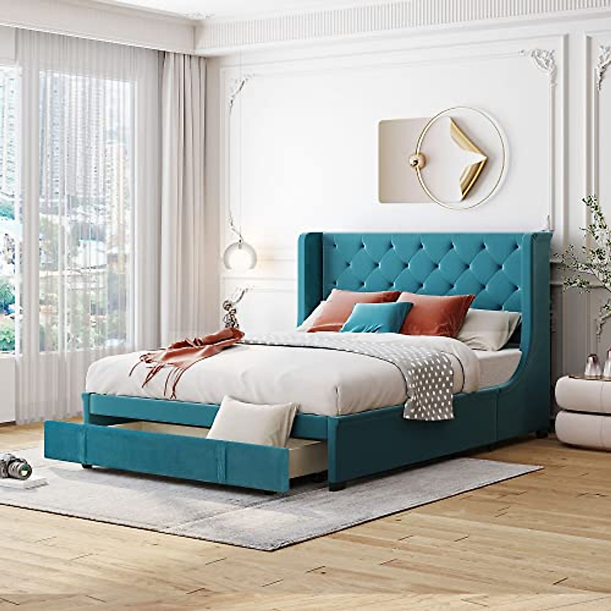 Livavege Queen Bed Frame with Wingback Headboard and Storage Drawers, Velvet Button Tufted Upholstered Platform w/Wooden Slats Support, Queen Size Bedframe No Box Spring Needed, Easy Assembly