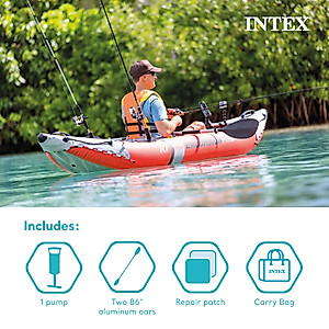 INTEX 68303EP Excursion Pro K1 Inflatable Kayak Set: Includes Deluxe 86in Kayak Paddles and High-Output Pump – SuperTough PVC – Adjustable Bucket Seat – 1-Person – 220lb Weight Capacity