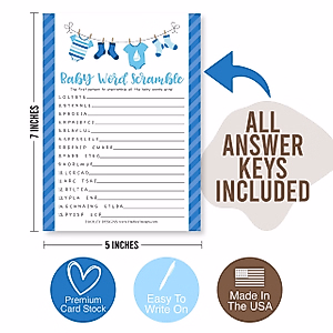 25 Blue Animal Matching, 25 Nursery Rhyme Game, 25 Word Scramble For Baby Shower, 25 True Or False Game, 25 Who Knows Mommy Best, 25 Baby Prediction And Advice Cards - 6 Double Sided Cards