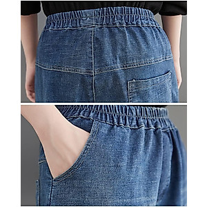 LAI MENG FIVE CATS Women Loose Jeans Denim Harem Pants with Elastic Waist with Pocket