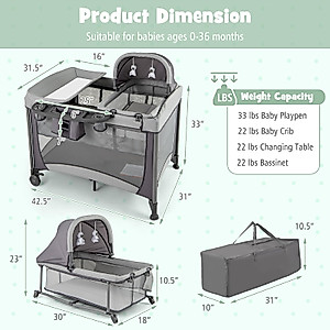 HONEY JOY Pack and Play with Bassinet, 4-in-1 Baby Playard with Changing Table & Removable Infant Full-Size Bassinet, Diaper Storage Basket & Music, Foldable Nursery Center w/Carry Bag (Gray)