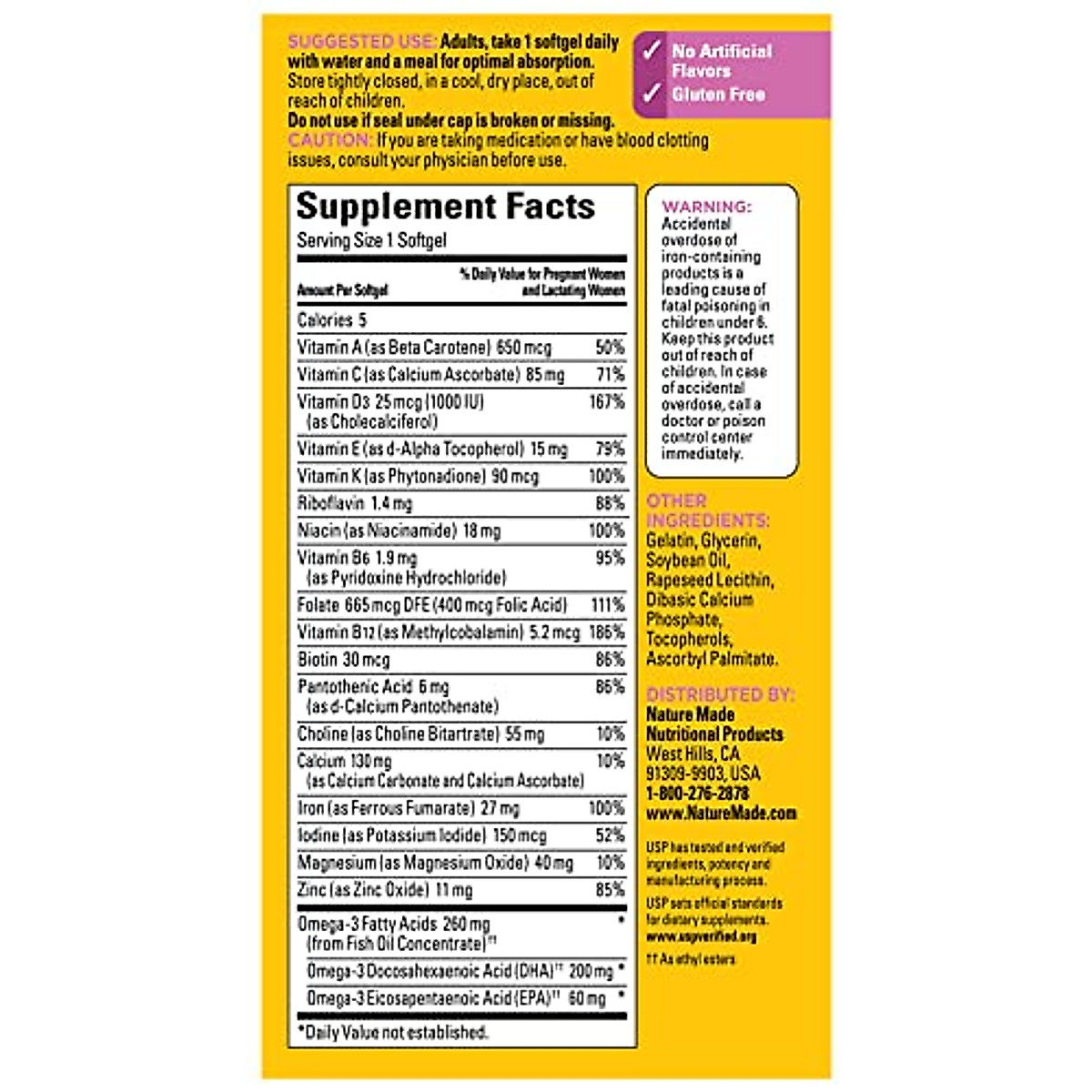 Nature Made Prenatal Multivitamin with Folic Acid, DHA and Choline, Dietary Supplement for Prenatal Nutritional Support, 60 Softgels, 60 Day Supply