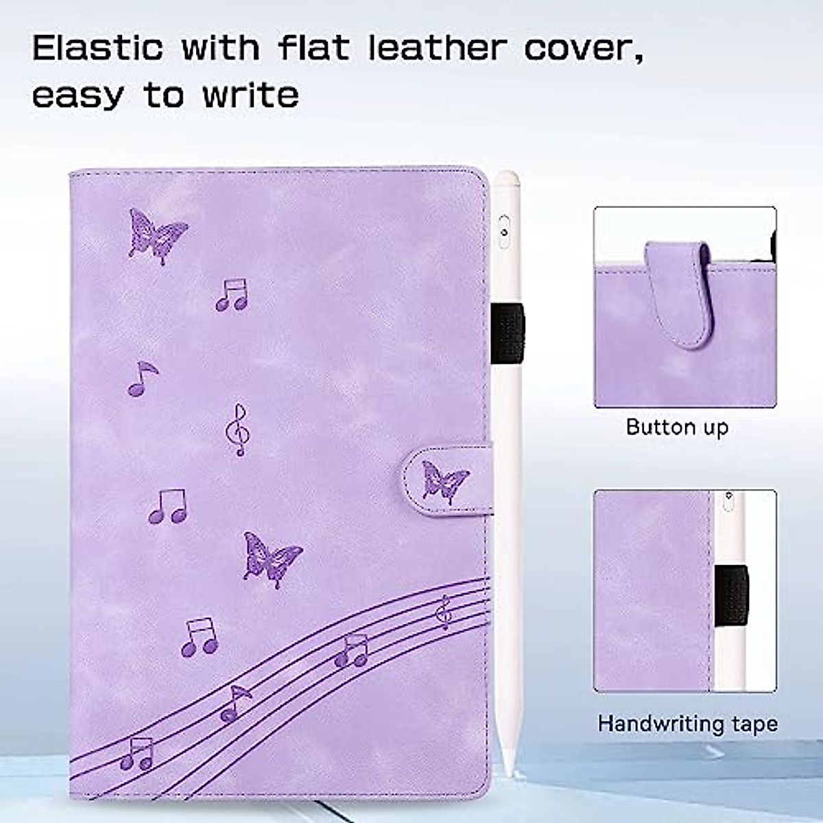 Business Special Butterfly Phonogram Pattern Cover with 2 Credit Card Slots Pencil Holder Kickstand Protective Case for iPad Air 2019/ Pro 10.5" -Purple