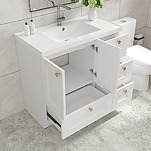 JPND 36" White Bathroom Single Hole Integrated Sink/Countertop, Drop-in Self-Rimming Rectangular Bathroom Vanity Sink Top, 36.38"W x 19.13"D x 7.5"H