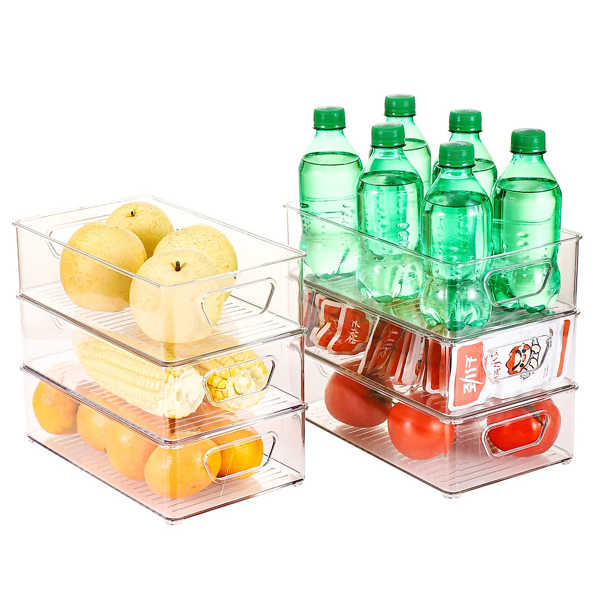 Cq acrylic Stackable Refrigerator Organizer Bins,6 Pack Clear Kitchen Organizer Container Bins with Handles for Pantry,Cabinets,Shelves,Drawer, Fridge BPA Free