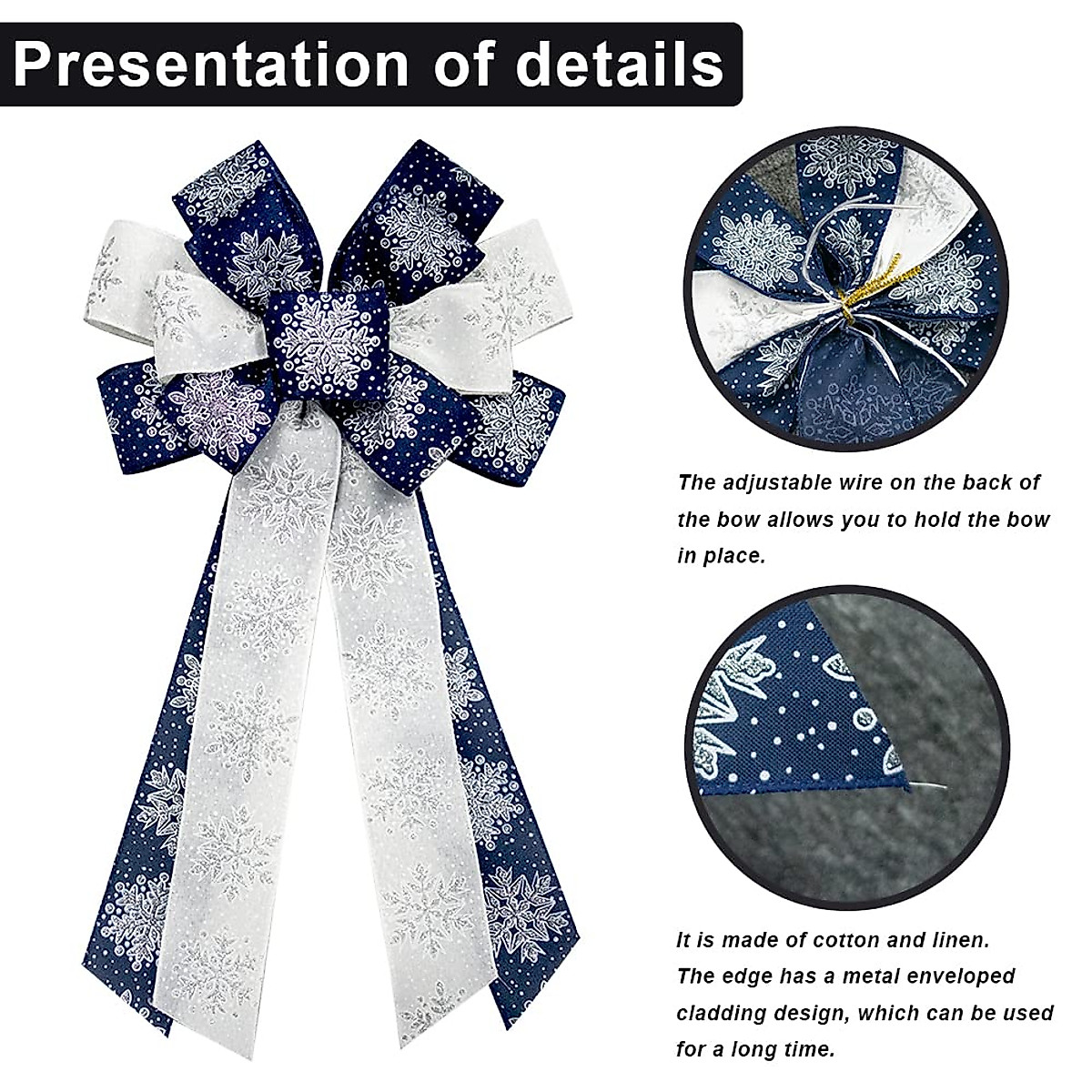 On-Airstore Large Christmas Wreath Bows, Christmas Navy Blue Snowflake Ribbon Bows for Wreaths, Large Tree Topper Bows for Christmas Home Garden Indoor Outdoor Decoration Wreath Ornament Supplies