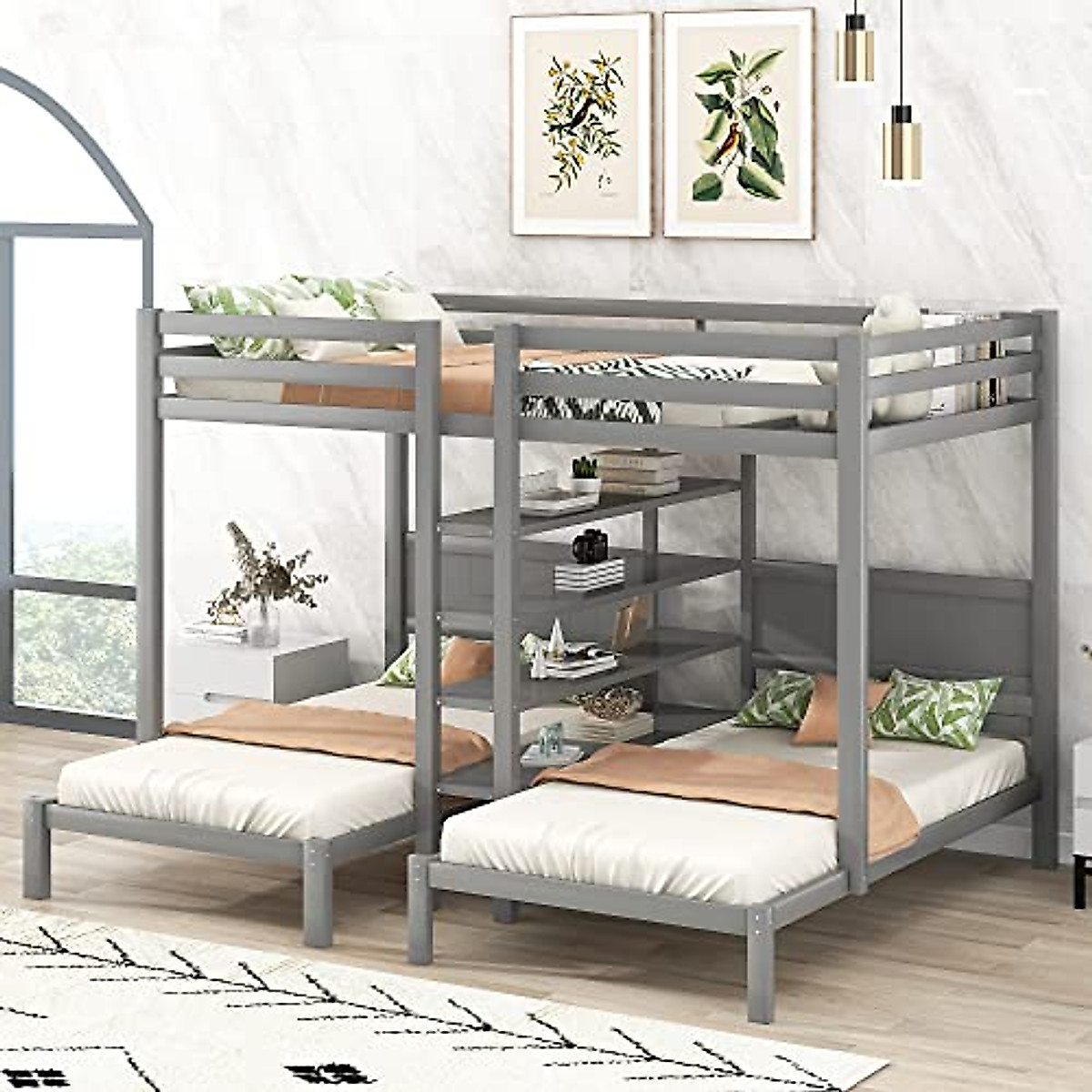 BOVZA Modern Triple Bunk Bed Frame, Twin XL Over Twin&Twin Wooden Bunk Bed with Built-in 4 Shelves and Ladder, Saving Space, Gray