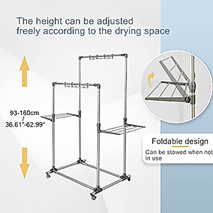 Hershii Rolling Garment Racks for Hanging Clothes Heavy Duty Clothing Drying Rack Double Rails Laundry Hanger Storage Organizer with Foldable Shelves & Windproof Hooks - Height Adjustable