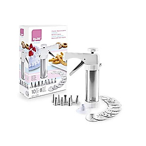 Ibili Cookie Press Gun, 18/10 INOX Stainless Steel Cookie Press for Baking, Dishwasher Safe, Includes 10 Variated Discs and 8 Interchangeable Nozzles - Made in Spain