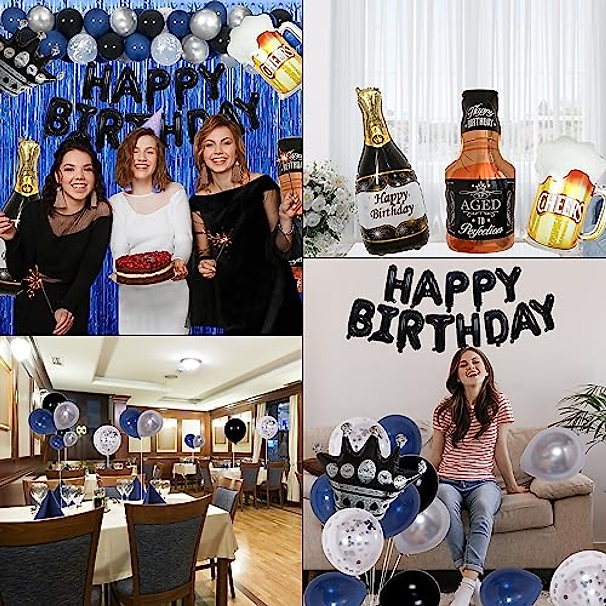 Navy Blue and Black Birthday Decorations for Men Women, Blue and Silver Birthday Party Decorations with Happy Birthday Banner,Fringe Curtains,Happy Birthday Decorations for Boys Girls Party Supplies