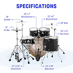 Donner Drum Set Adult with Practice Mute Pad,5-Piece 22 inch Full Size Acoustic Drum Kit for Beginner,Red- DDS-520