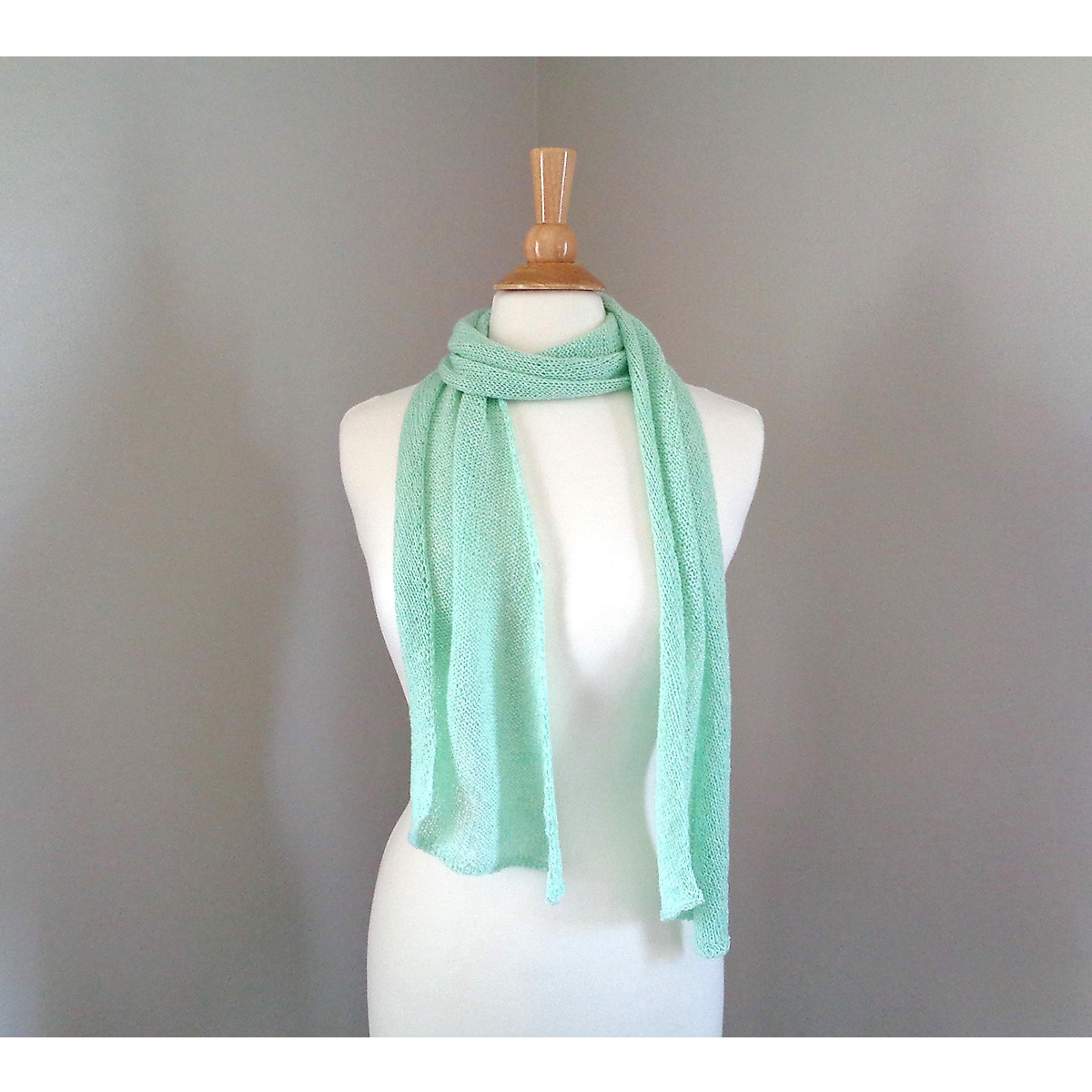 Simple Wrap Scarf, Mint Green, Merino Wool, Hand Knit, Diagonal Bias, Elegant Drapey, Women & Teen Girls, Super Light