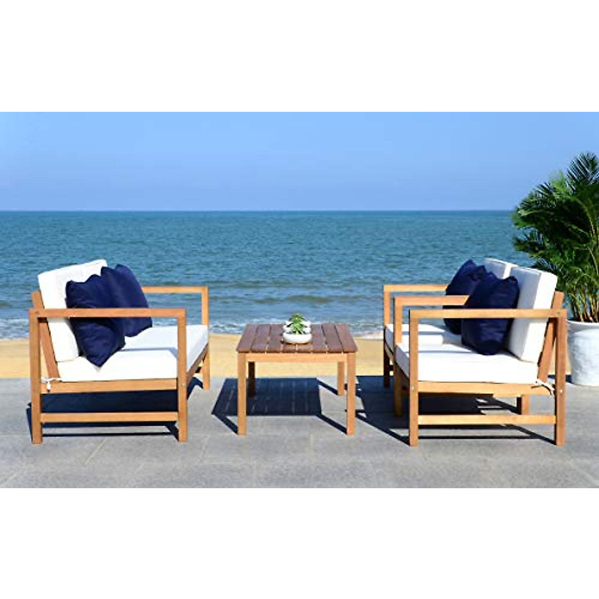 SAFAVIEH Outdoor Collection Montez Natural/ Beige Cushions/ Navy Pillows 4-Piece Conversation Patio Set