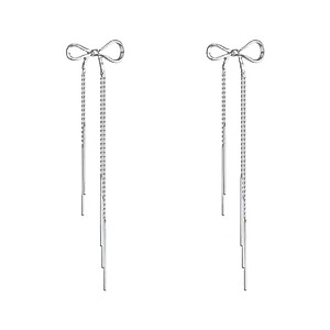 Chic Bow Knot Threader Dangle Stud Earrings Butterfly Knot Tassel Long Chain Dangling Charm Drop Statement Earring Christmas Jewelry for Women