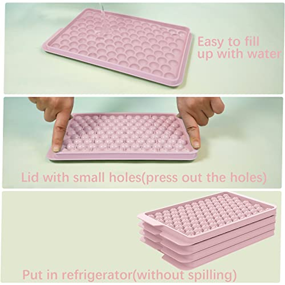 Toobimen Mini Ice Cube Trays, 4 Pack Small Ice Cube Tray with Lid and Bin, 104x4 PCS Ice Ball Maker Mold, Crushed Ice Trays Easy Release for Chilling Drinks, Coffee, Cocktail, Juice (Pink)