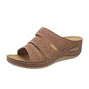 Bow Sandals for Women Ladies Fashion Retro Solid Leather Hollowed Out Carved Open Toe Thick Sole Sandals (Brown, 9)