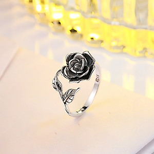 Alphm S925 Sterling Silver Adjustable Wrap Open Rings Rose Flower Floral Ring for Women Purity