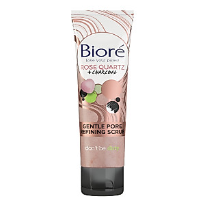 Bioré Rose Quartz + Charcoal Gentle Pore Refining Scrub, Pore Minimizing Facial Scrub, 4 Ounce, Oil Free, Dermatologist Tested, Non-Comedogenic, Cruelty Free, Vegan Friendly