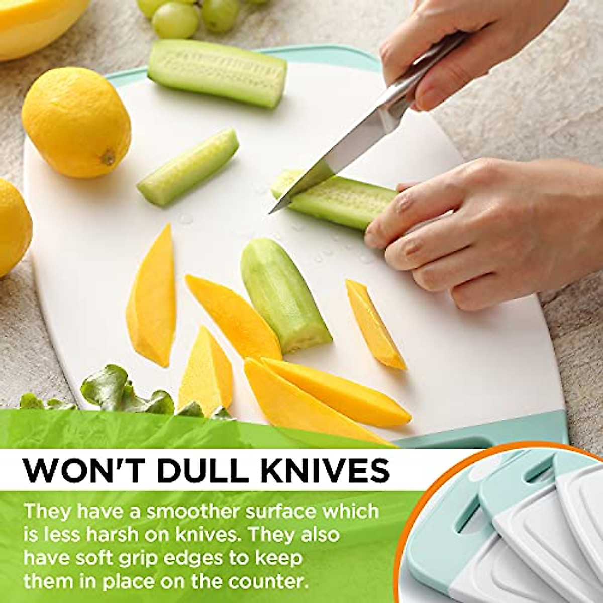Spring Chef Professional Cutting Boards for Kitchen with Soft Grip, Deep Juice Grooves, Non-Porous Chopping Board, Dishwasher Safe, BPA Free, Set of 3, Mint