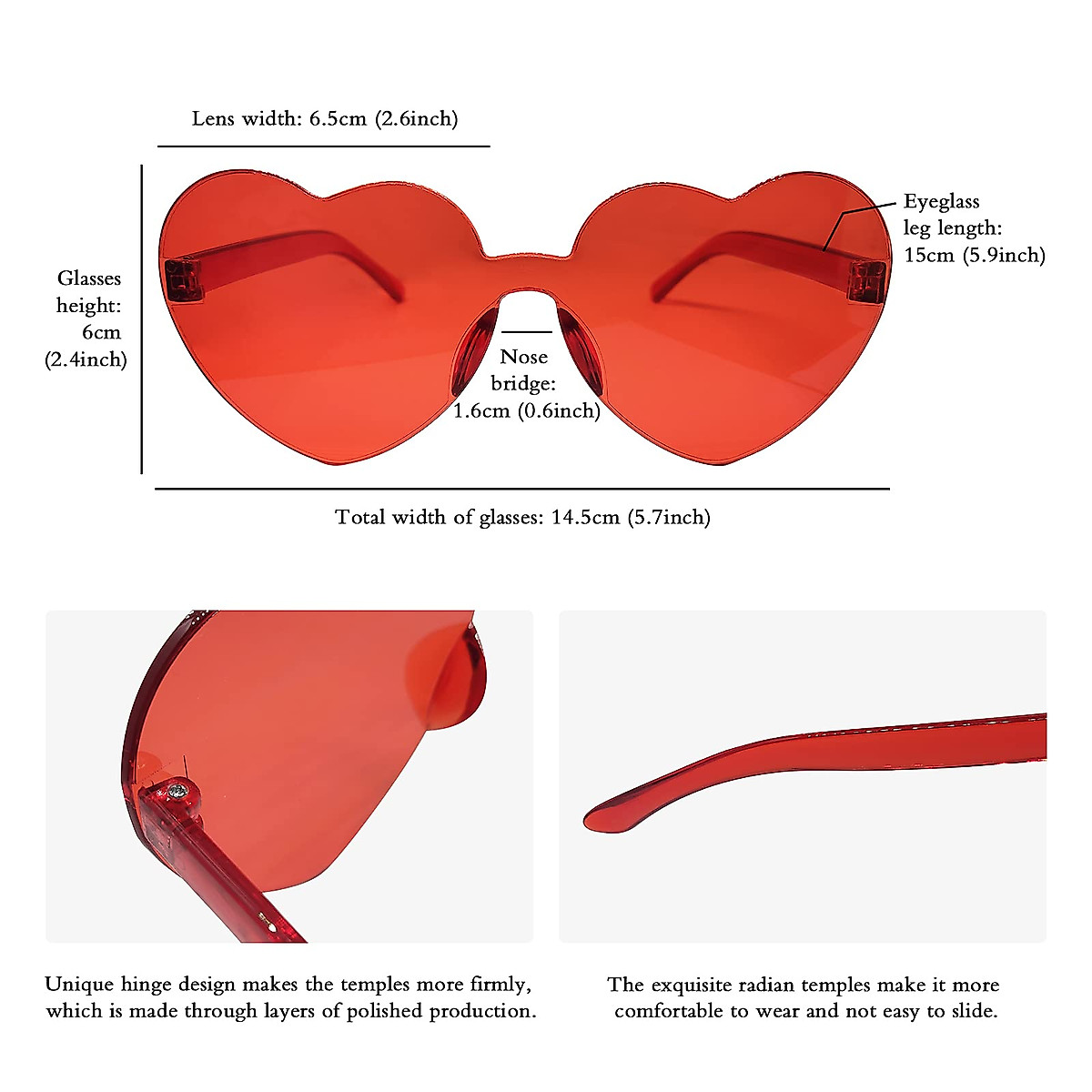 JFTOWN 8 Pairs Heart Shape Rimless Valentines Sunglasses Candy Color Frameless One Piece Love Glasses for Women Party Favor (Red)