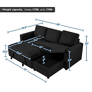 Yaheetech Sectional Sofa L-Shaped Sofa Couch Bed w/Chaise, Reversible Couch Sleeper w/Pull Out Bed & Storage Space, 4-seat Fabric Convertible Sofa, Pull Out Couch, Suitable for Living Room Black