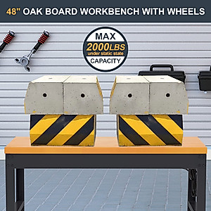 HABUTWAY Height Adjustable Workbench with Wheels 48" x 24" 2000 Lbs Capacity Oak Wood Work Station Heavy-Duty Rolling Work Tables for Garage Party Shop Office