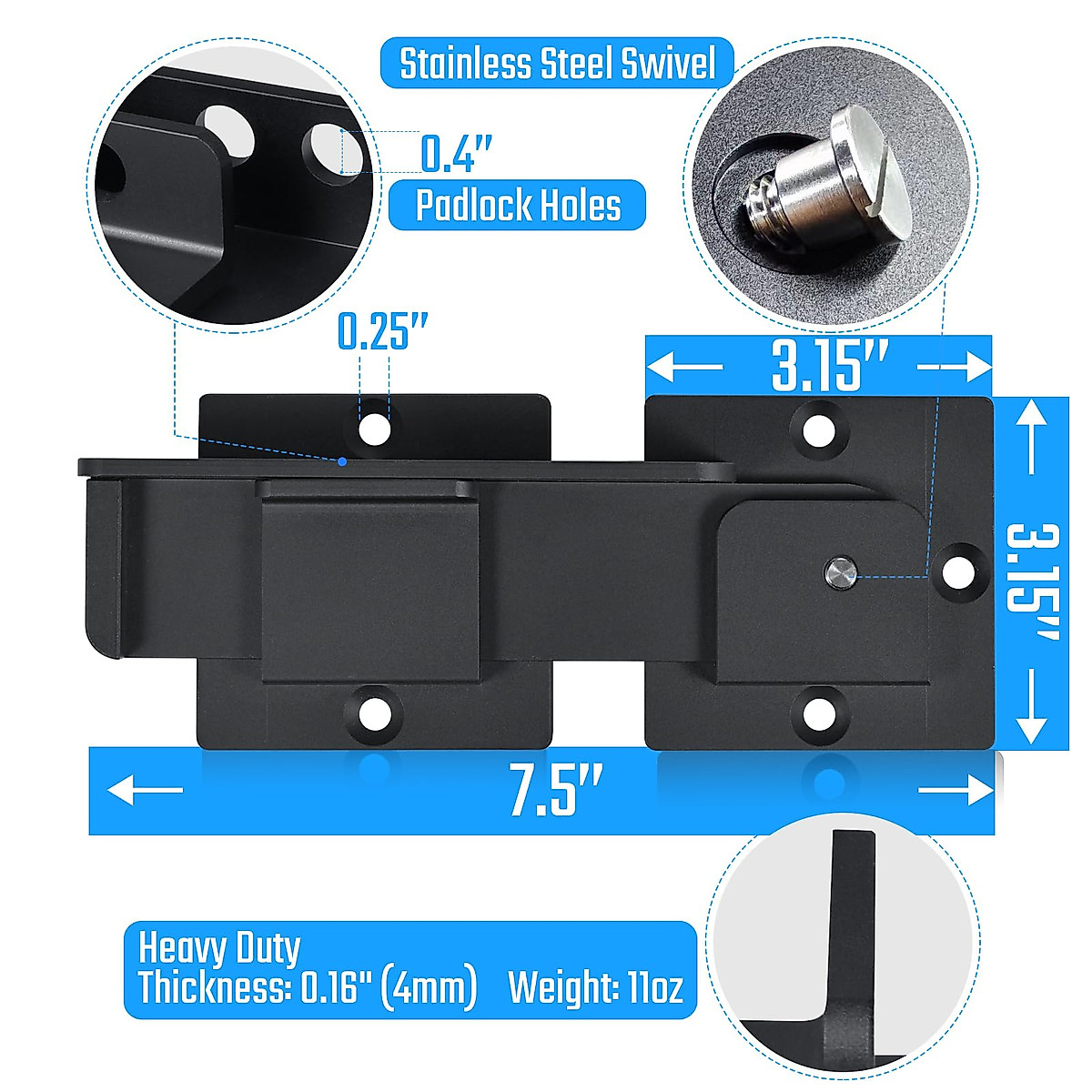 GreaTalent 7.5" Flip Gate Latch Lock with Padlock Hole, 4mm Heavy Duty Aluminum Alloy Adjustable Door Latch for Sliding and Swing Open Door, Outdoor Gate, Wooden Fence, Barn Door, Shed, Garage, Yard