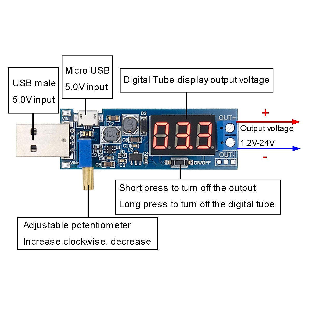 ALAMSCN 2PCS USB Buck Boost Converter Adjustable Step UP Step Down Power Supply Module Voltage Regulator DC-DC 5V to 3.3V 9V 12V 18V 24V