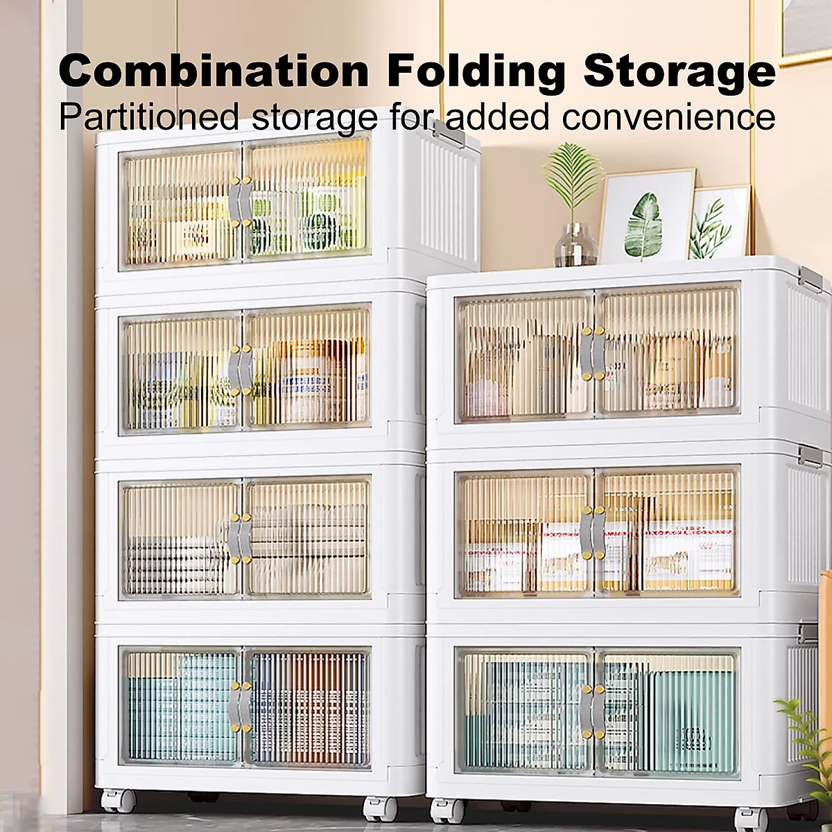 MOPUP 264 QT Stackable Storage Bins with Lids and Doors and Wheels - 4 Pack 16 GAL Plastic Storage Bins,White Closet Organizers and Storage,Dual Open Doors Collapsible Storage Bins for Home and Office