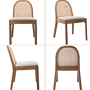 Ya-Home Mid Century Dining Chairs Set of 2, Accent Rattan Linen Fabric Side Chairs Kitchen Chair with Solid Wooden Legs for Living Room Dining Room, Beige