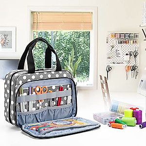 Luxja Large Sewing Organizer with 3 Inner Sections (Fold up Easily), Sewing Supply Organizer with Versatile Pockets (No Accessories Included), Polka Dots