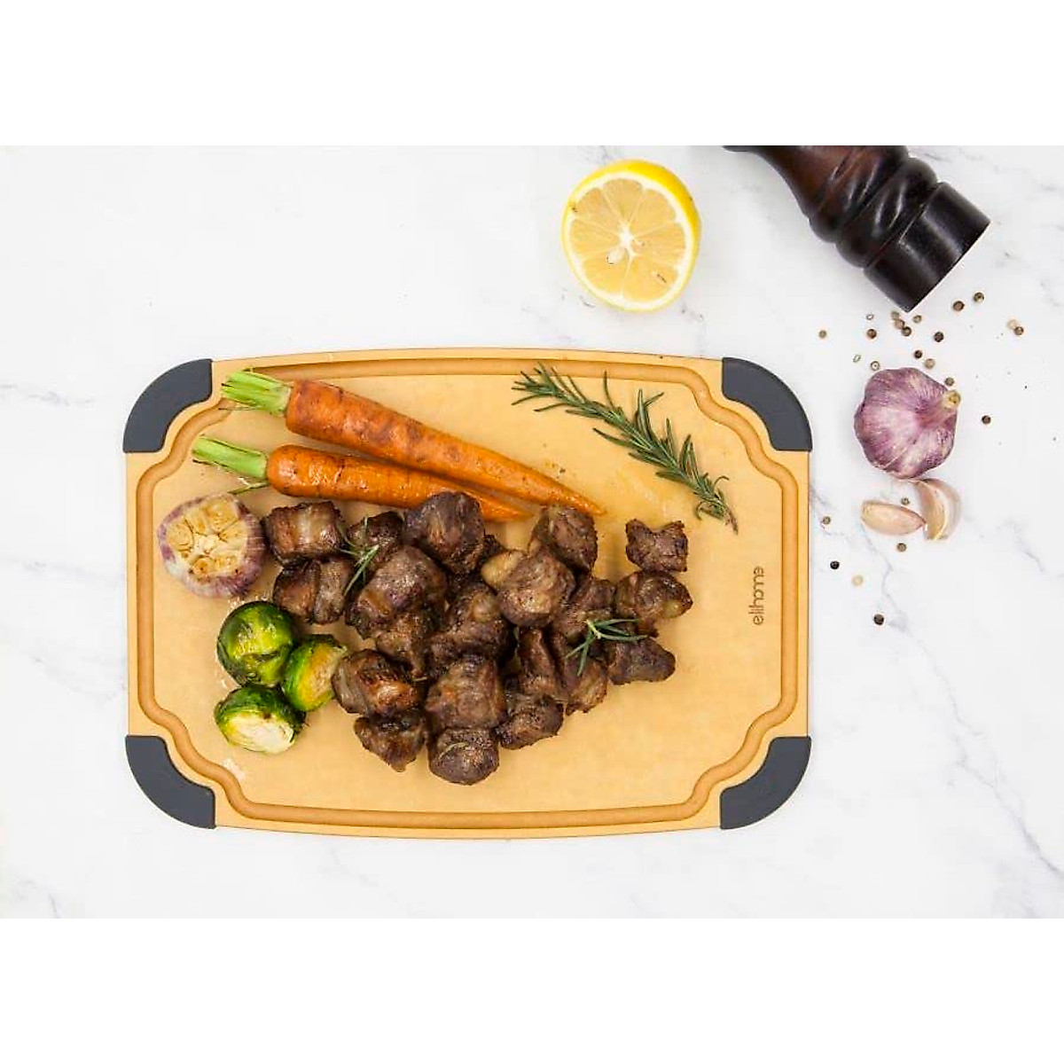 Elihome Essential Series 2-in-1 Bundle, Wood Fiber Kitchen Cutting board, Dishwasher Safe, Knife Friendly, Juice Grooves, Non-Porous,Non-slip Feet,Reversible, BPA Free