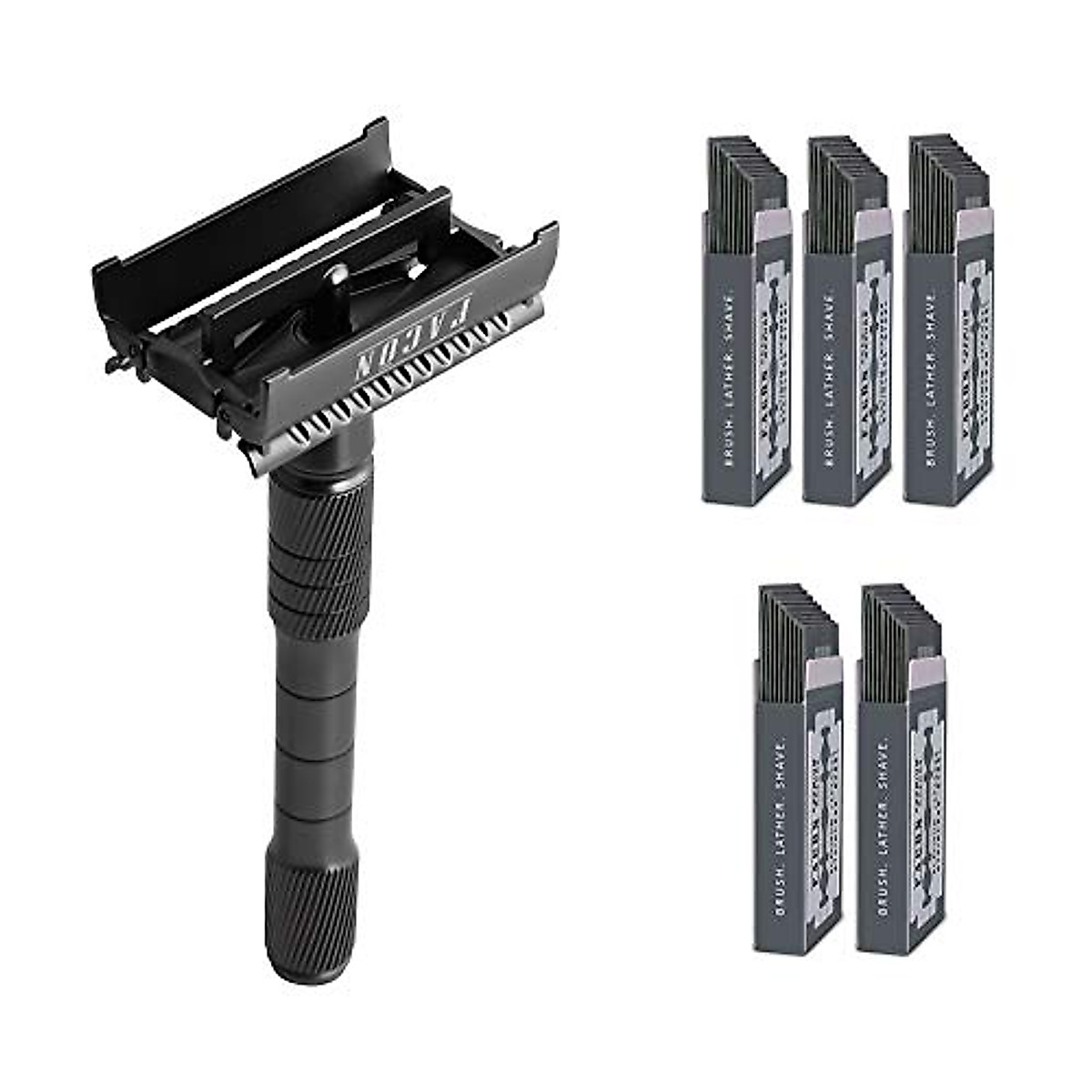 50 BLADES + Facón Classic Long Handle Double Edge Safety Razor - Platinum Japanese Stainless Steel Blades - Butterfly Open Shaving Razor for Smooth Wet Shaving Experience - 200+ Shaves