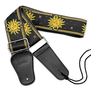 Guitar Strap, Vintage Embroidered Sun Straps with Genuine Leather Ends Guitar Shoulder Strap for Bass, Acoustic,Classical & Electric Guitar (Black)