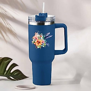 40 ounce insulated cup with handle, double-layer vacuum stainless steel material, equipped with straw, can keep warm or maintain cold drinks Flowers Hummingbird Cowboy Blue