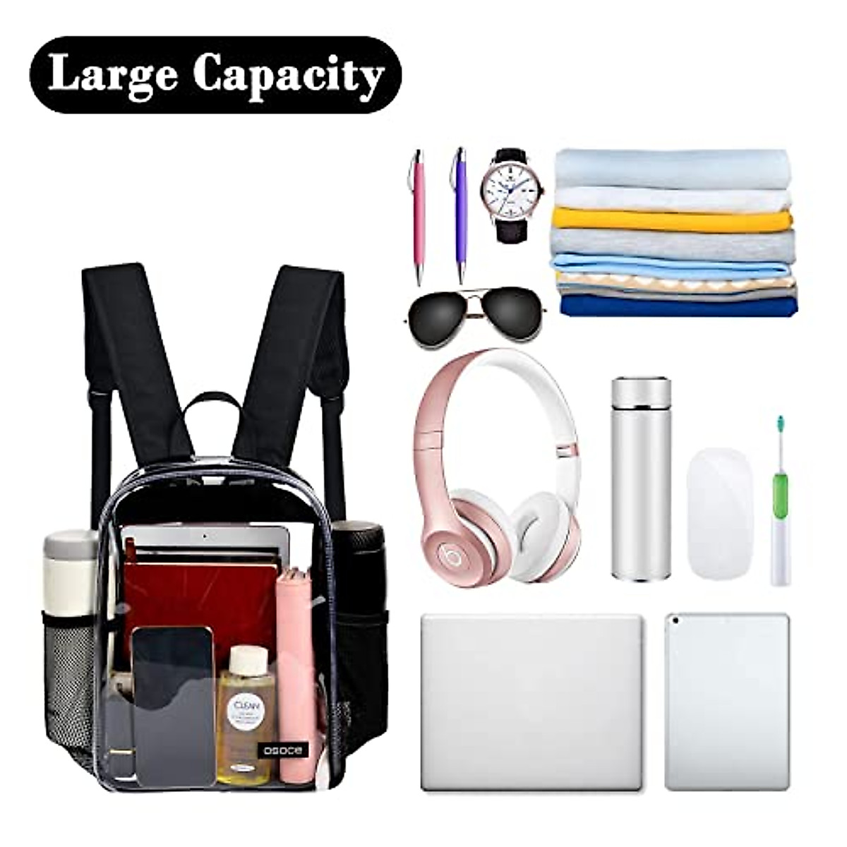 OSOCE Black Mini Clear Backpack Heavy Duty,Clear Bag Stadium Approved,PVC Transparent Clear Book Bag with Adjustable Shoulder Straps for Security Work Concert Festival Travel