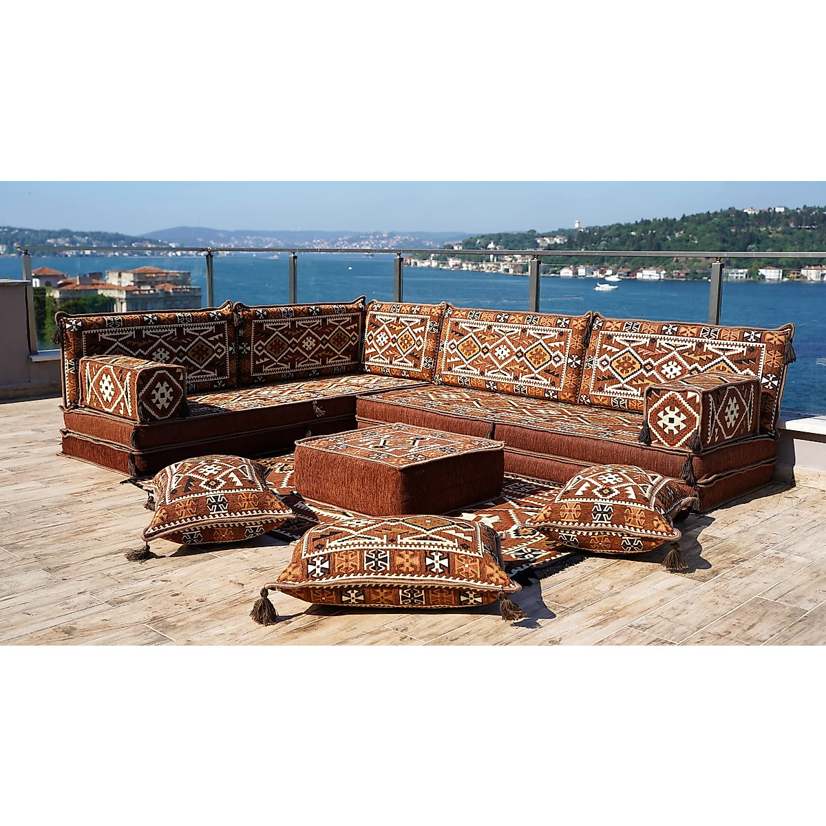 8" Thickness Brown Corner Floor Seating Set, Pallet Cushion Set, Modular Design Floor Cushion, Garden Sofa Set, Indoor Sofa Set, Futon Sofa Bed (L Sofa Full Set)