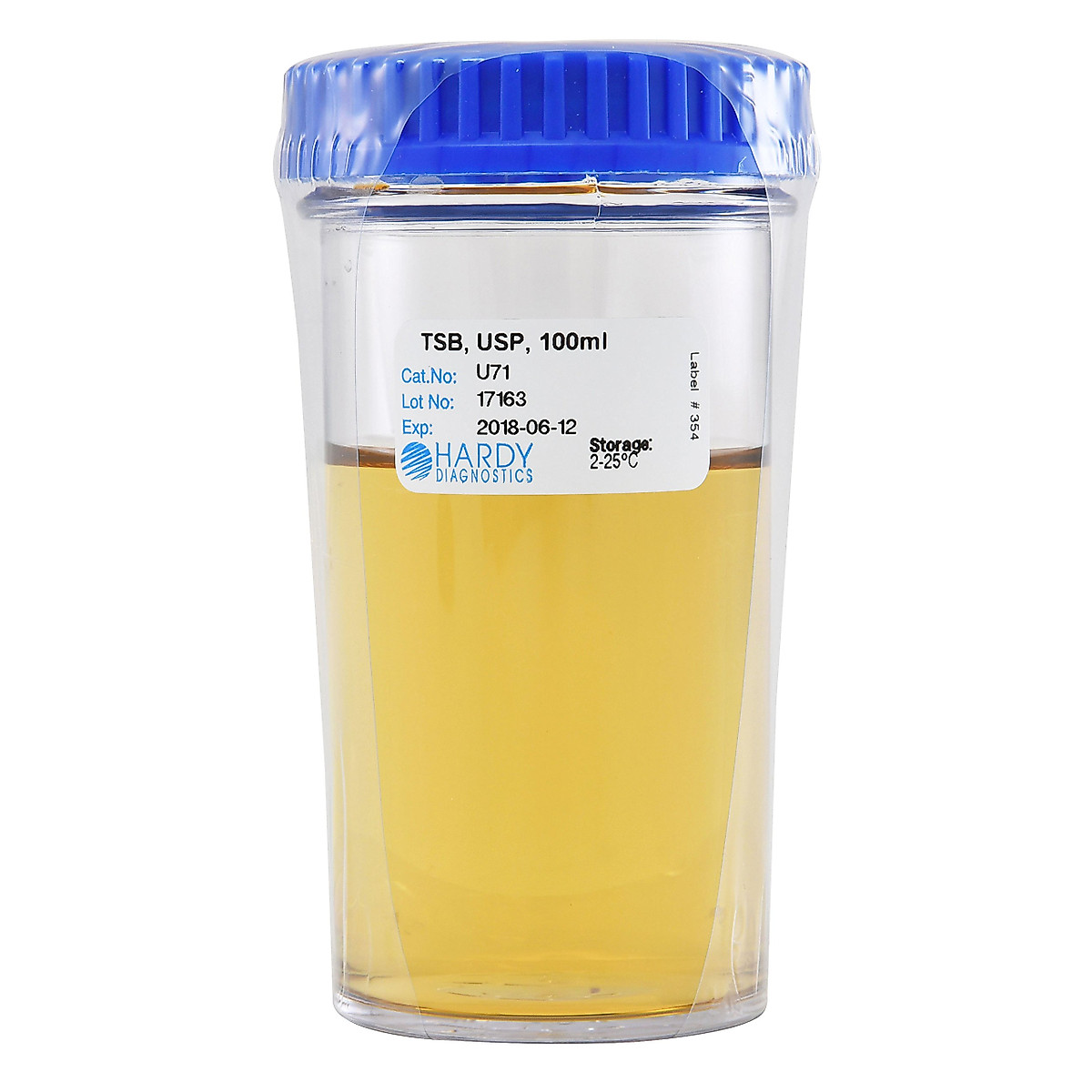 Hardy Diagnostics - U71 Tryptic Soy Broth (TSB), USP, 100 Milliliter Fill, 180 Milliliter Wide Mouth Polycarbonate Jar, Order by the Package of 12, by