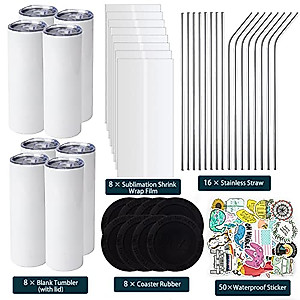 ROTERSTEIN 8 Pack 20 oz Sublimation Tumbler Set Double Walled Stainless Steel Skinny Straight Blank Tumbler Bulk with Lid, Straw, DIY Stickers Shrink Wrap, Rubber Base for Heat Transfer Heat Press